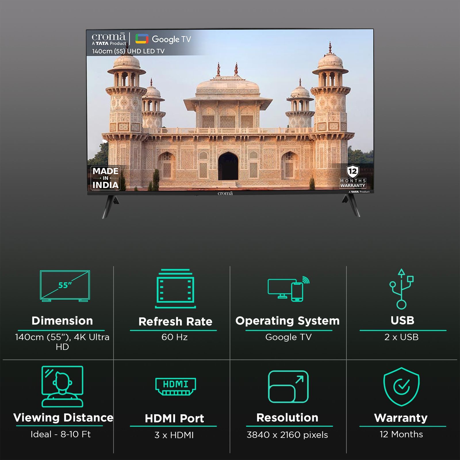 Buy Croma 139.7 cm (55 inch) 4K Ultra HD LED Google TV with Google Voice Assistant Online - Croma